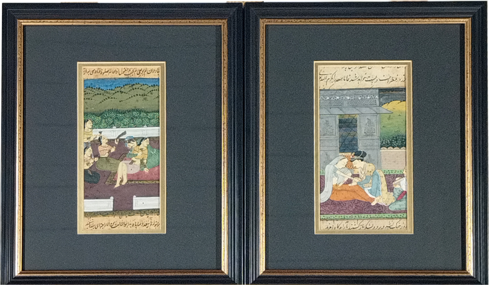 A PAIR OF TRADITIONAL MINIATURE INDIAN MUGHAL PAINTINGS ON PAPER, COUR ...