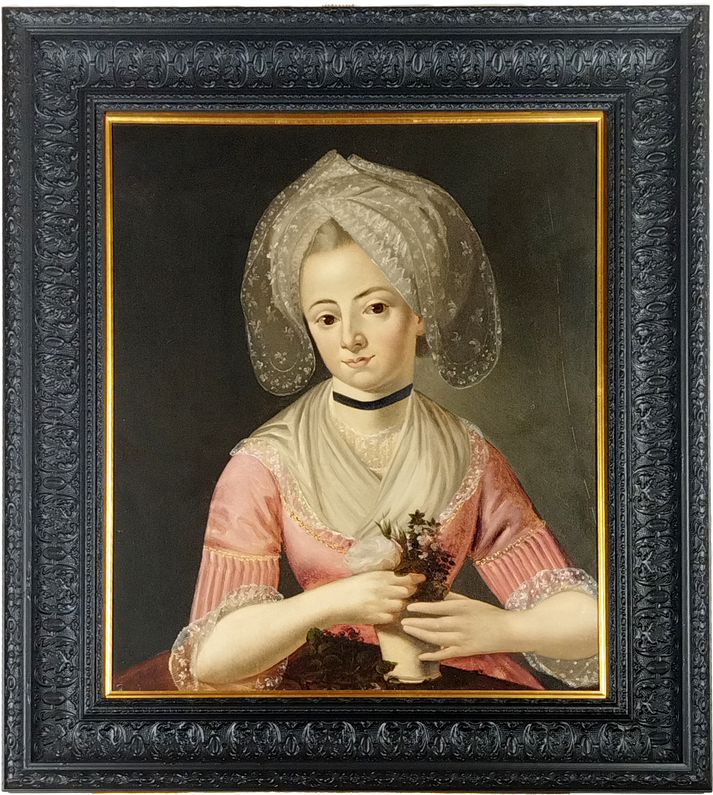 AN 18th CENTURY PORTRAIT OF A YOUNG LADY IN PINK HOLDING A POSY OF FLO ...